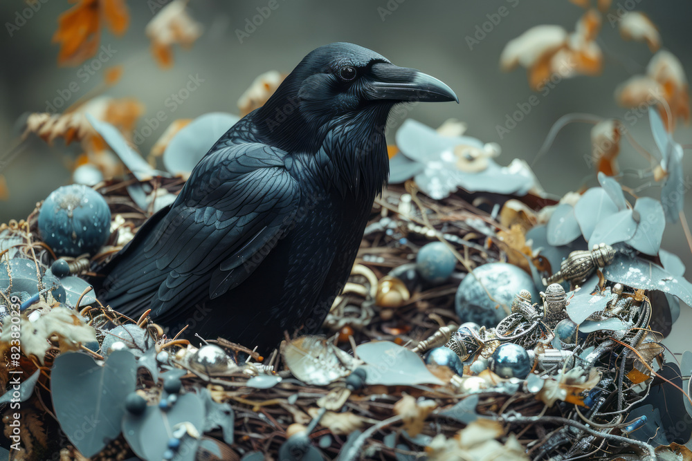 Depiction of a crow with a collection of shiny objects, decorating its ...