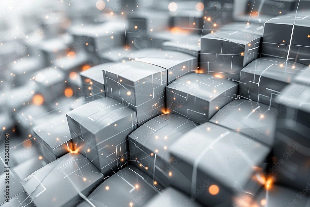 Interlocking silver blocks with vibrant glowing lines, forming a ...