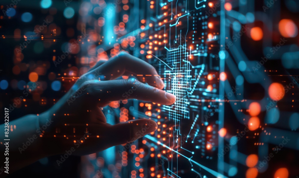 human hand gently interacts with an AI digital screen, bridging the gap ...
