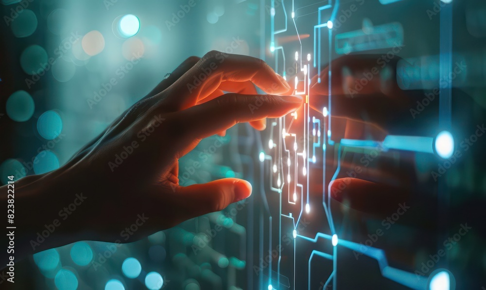 human hand gently interacts with an AI digital screen, bridging the gap ...