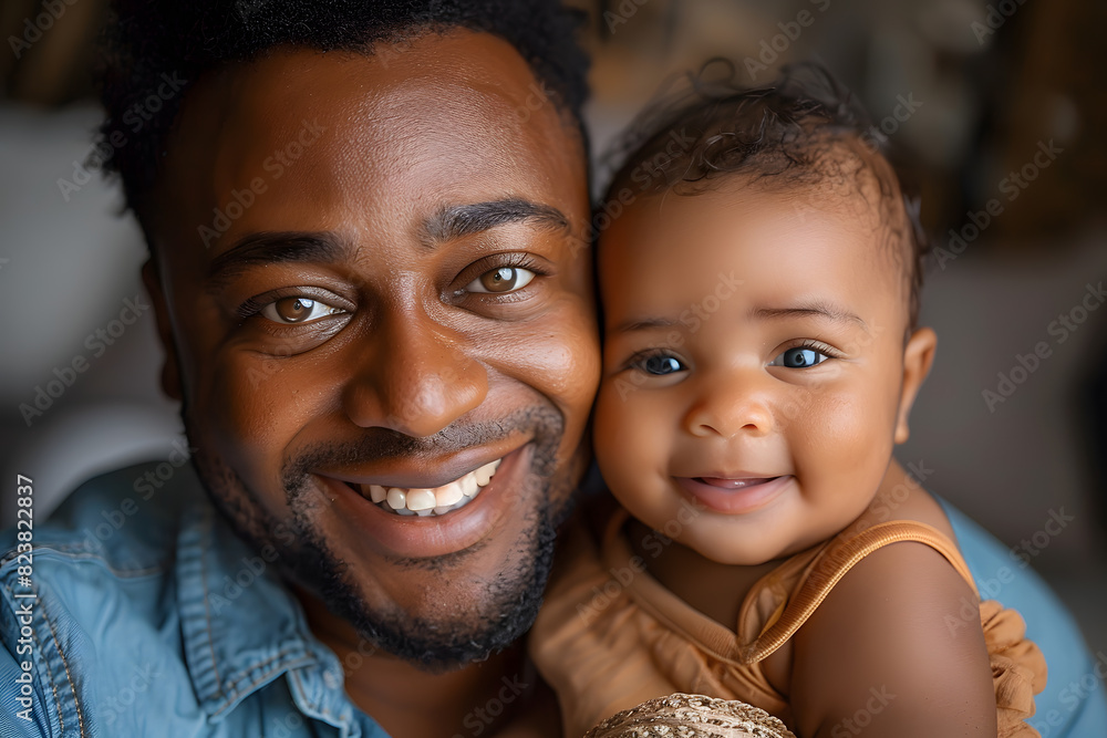 Happy smiling black man father plays with daughter or son child. Caring ...