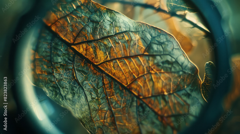 An artistic rendering of a convex lens magnifying the details of a leaf ...