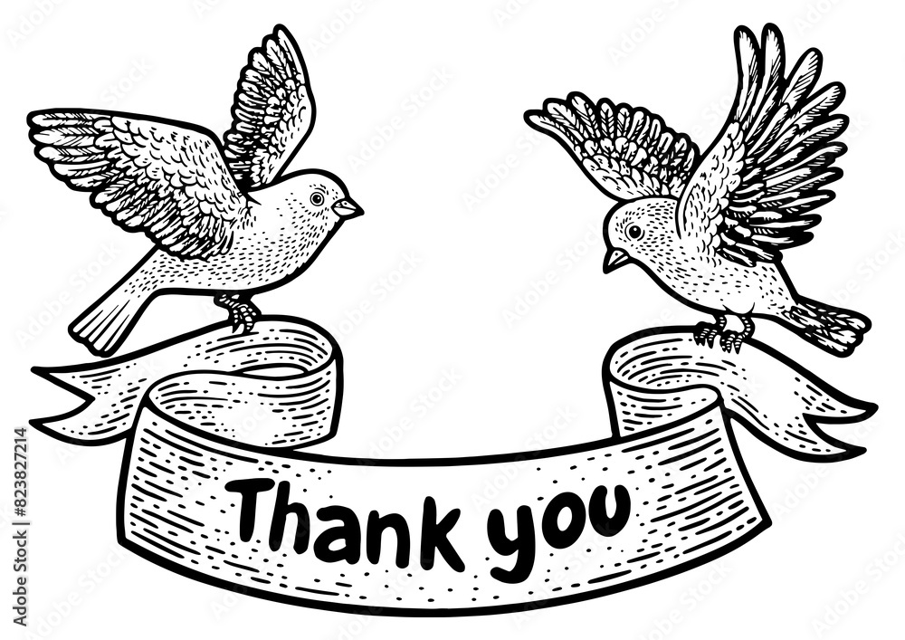 birds carry thank you banner ribbon sketch engraving PNG illustration ...