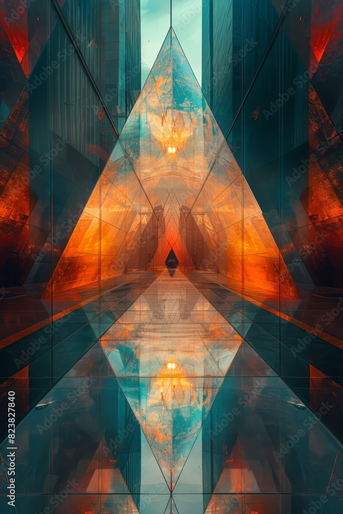 Abstract image of a lens at the apex of a pyramid, with lines and ...