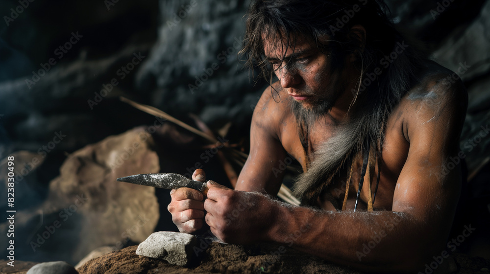 Male Neanderthal assembling a tool with a sharp stone in a cave. Stock ...