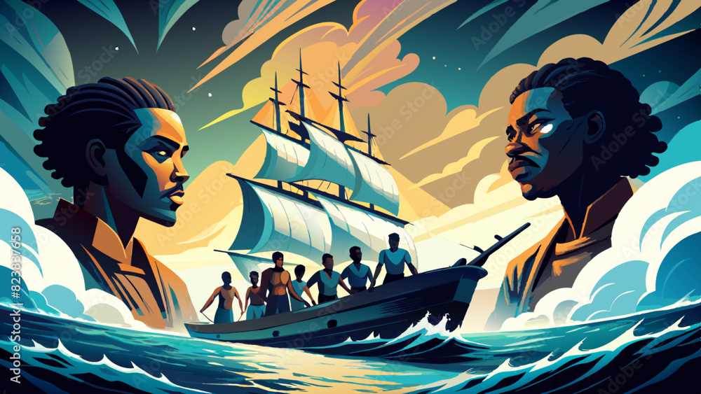 Epic Maritime Adventure: Sailing Ship and Courageous Crew at Sunset ...