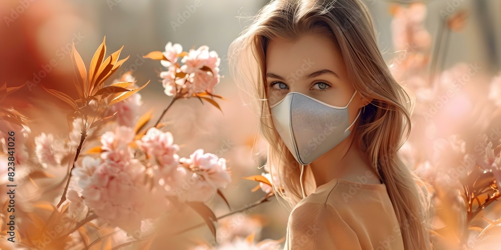 Girl in a pink flower field wearing an antigas mask to protect against ...