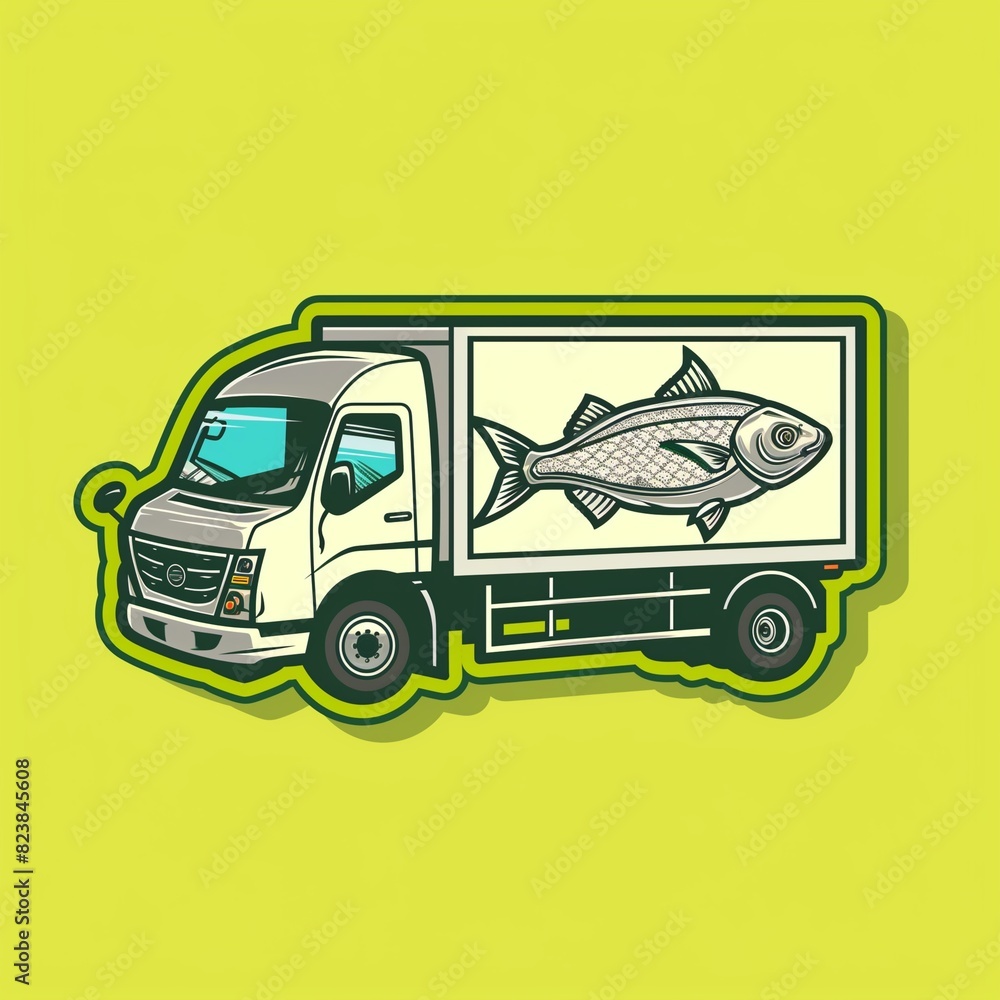 A fish transport truck illustration in sticker style with lifelike ...