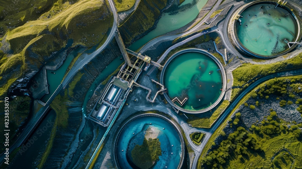 An aerial view of a geothermal power station demonstrating the ...