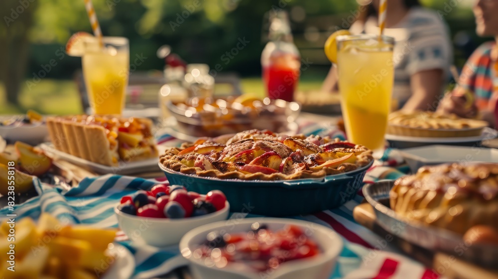 featuring a table laden with classic American cookout fare, including ...