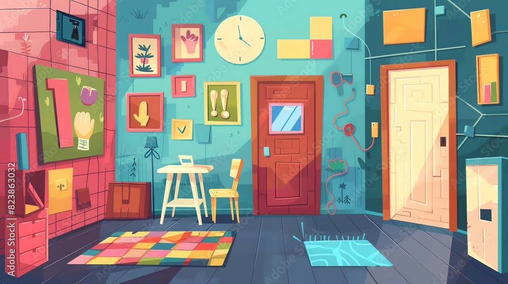 Box themed escape room flat design side view puzzle challenge theme ...