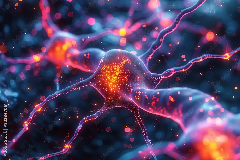 Abstract digital illustration of a neuron firing, with glowing ...