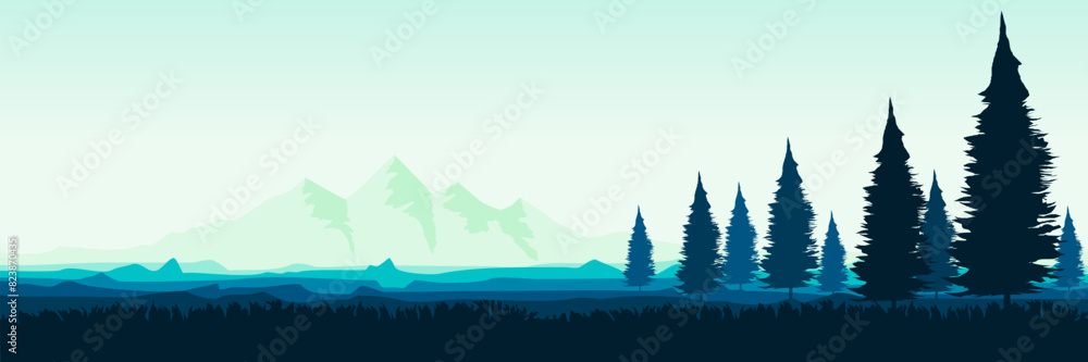 pine tree forest with mountain relief landscape vector illustration ...