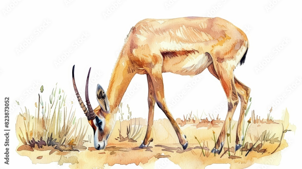 A kawaii water color of a saiga antelope, with its unique nose, grazing ...