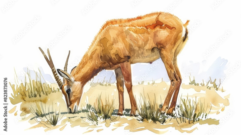 A kawaii water color of a saiga antelope, with its unique nose, grazing ...