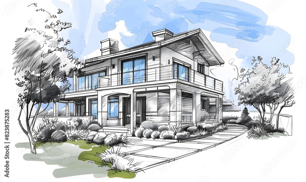 Villa plan design illustration, cottage structure sketch blueprint ...