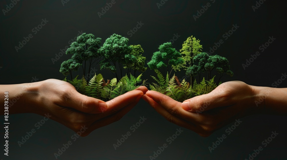 Hands holding paper cutouts of deforested and green forests ...
