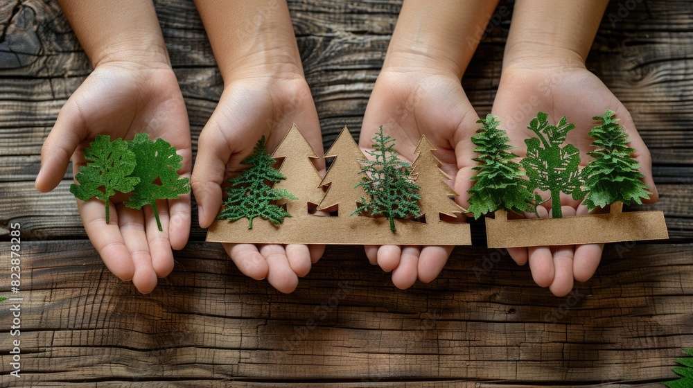 Hands holding paper cutouts of deforested and green forests ...