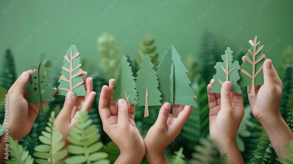 Hands holding paper cutouts of deforested and green forests ...