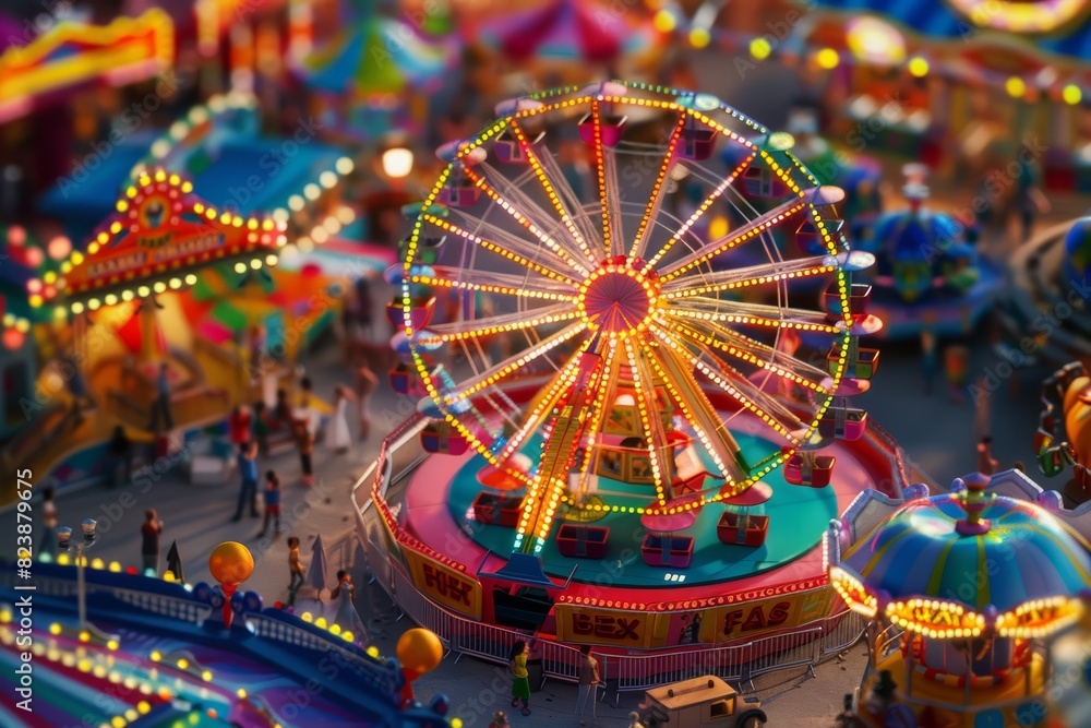 Frame mockup, a vibrant carnival with colorful rides, game booths, and ...