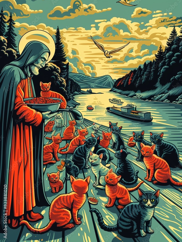 St. Francis of Assisi preaching to the cats Stock Illustration | Adobe ...
