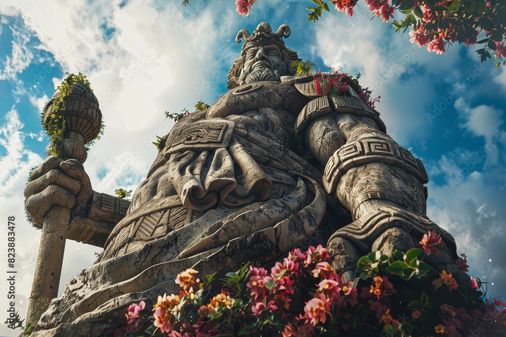Worms-eye view of a colossal statue of a mythological warrior, detailed ...