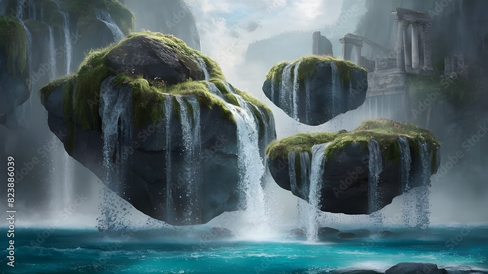 "Mystic Waterfall with Floating Rocks": Depict a large, mystical ...