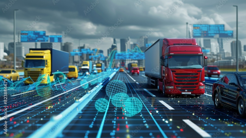 Heavy traffic on an urban freeway featuring an autonomous truck with ...