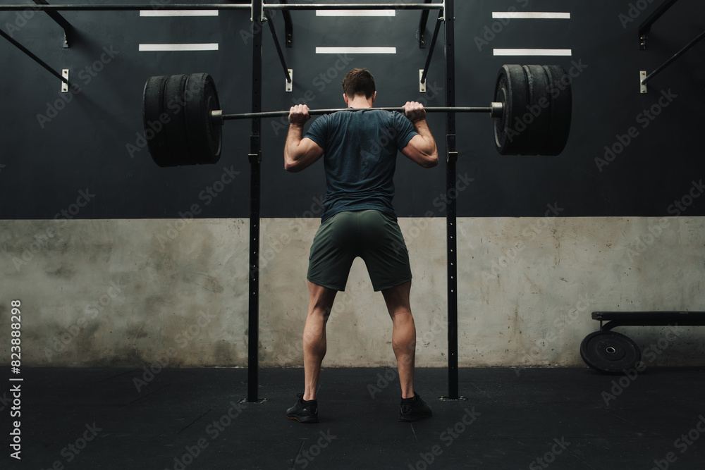 Strong sportsman lifting heavy barbell behind back during workout Stock ...