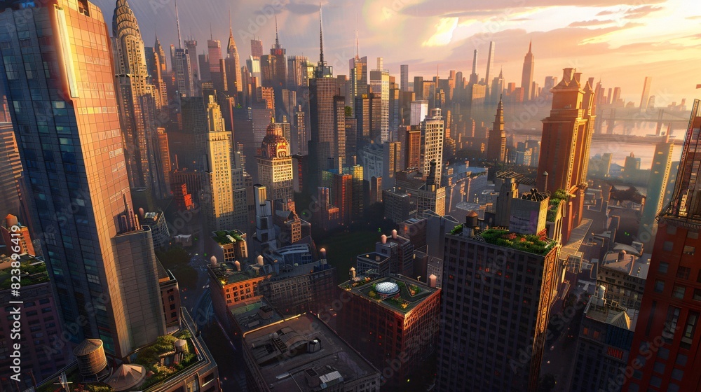 early morning view of a city from a high vantage point, with the sun ...