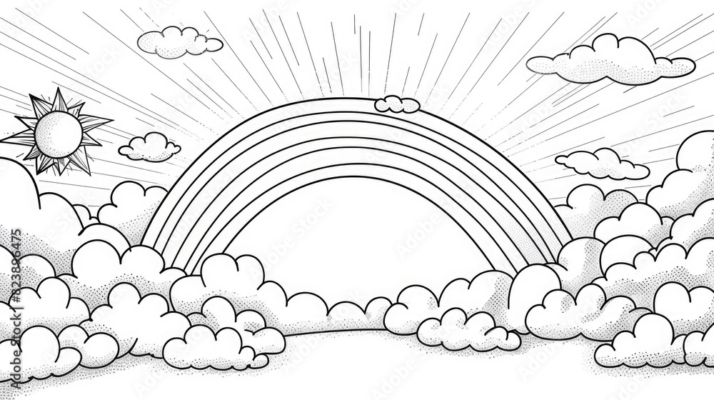 Black and white drawing of a rainbow in the sky, suitable for various ...