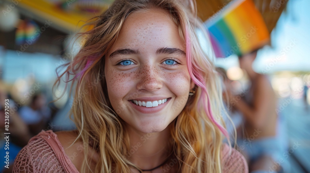 Ultra-realistic photo of teens with rainbow flags and happy expressions ...
