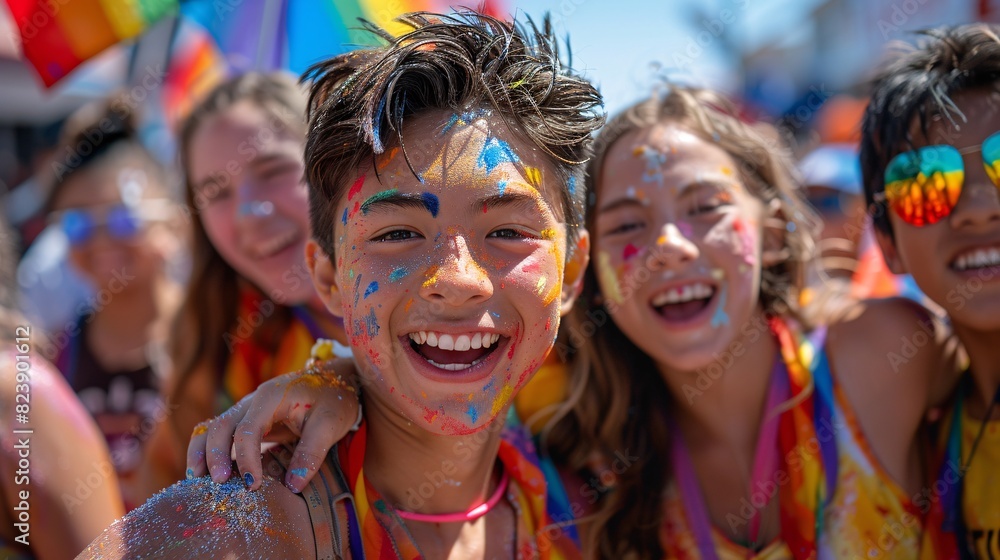 Full-body group photo of teens celebrating Pride Month with bright ...