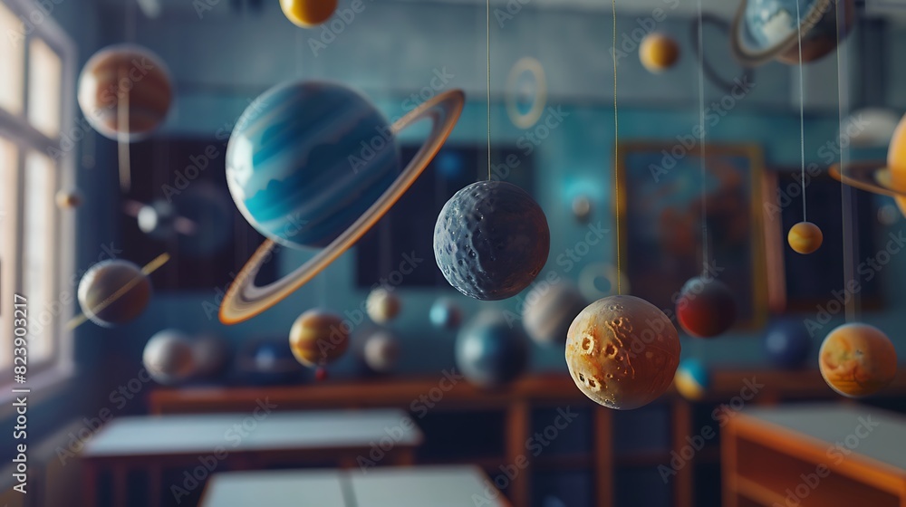 An intricate model of the solar system suspended from the ceiling in a ...