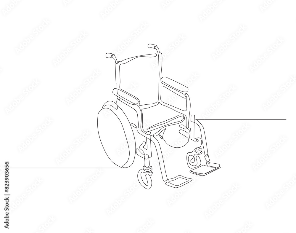 Continuous one line drawing of wheelchair for disabled people . One ...