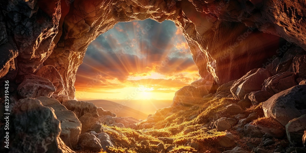 Empty Tomb With Crucifixion At Sunrise - Resurrection Concept,Christian ...