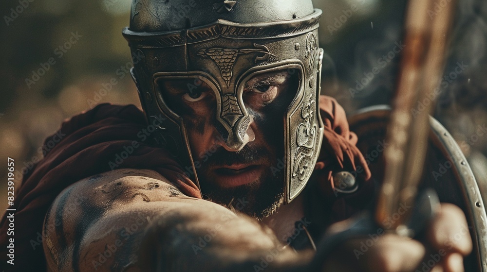 Portrait of brave spartan warrior in armor with shield, pointing sword ...