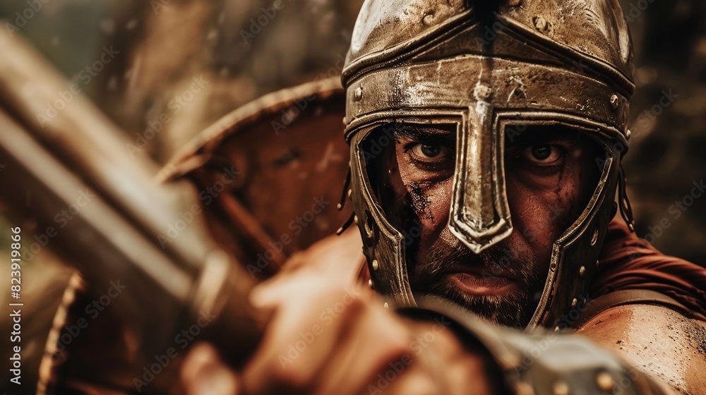 Illustration of brave spartan warrior in armor with shield, pointing ...