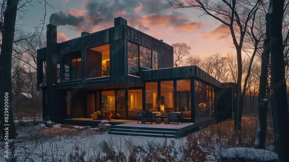 modern residence, winter cold environment, house facade is black metal ...