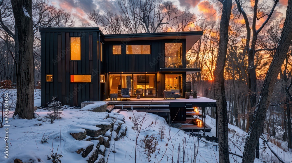 modern residence, winter cold environment, house facade is black metal ...