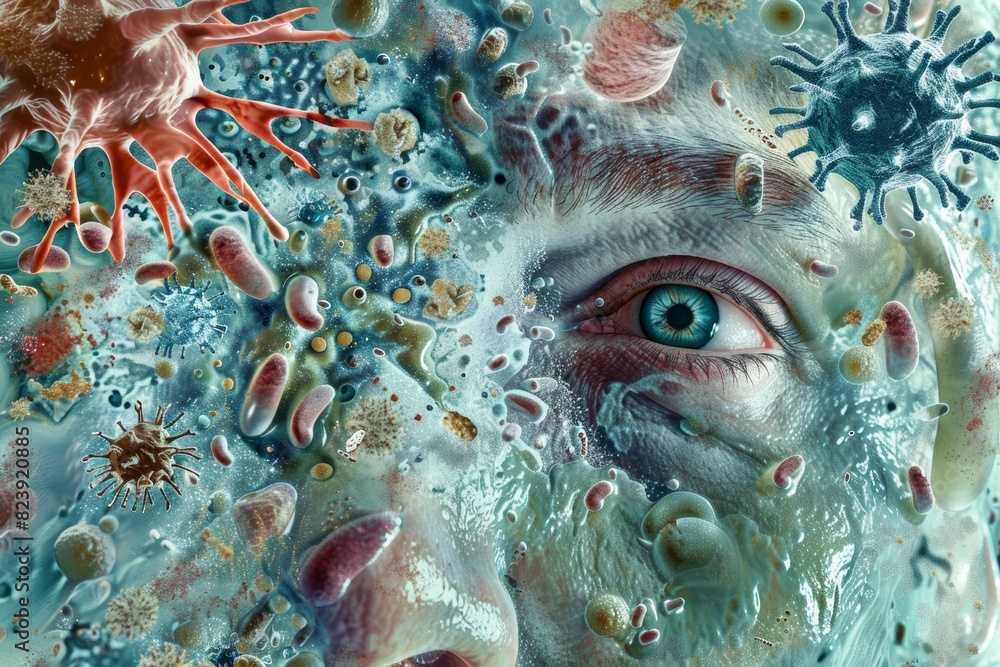 Microscopic Germs on Human Skin: Detailed Illustration Emphasizing ...