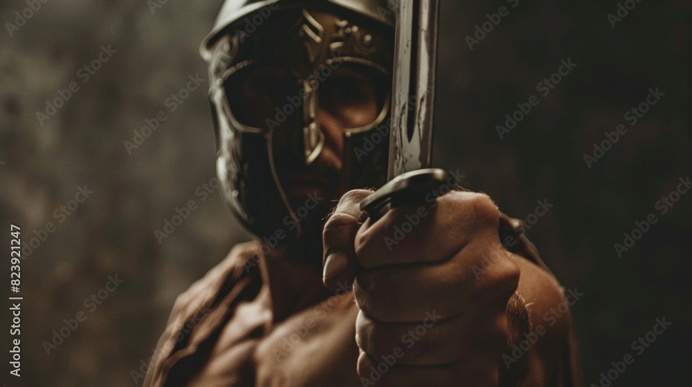 Illustration of brave spartan warrior in armor with shield, pointing ...