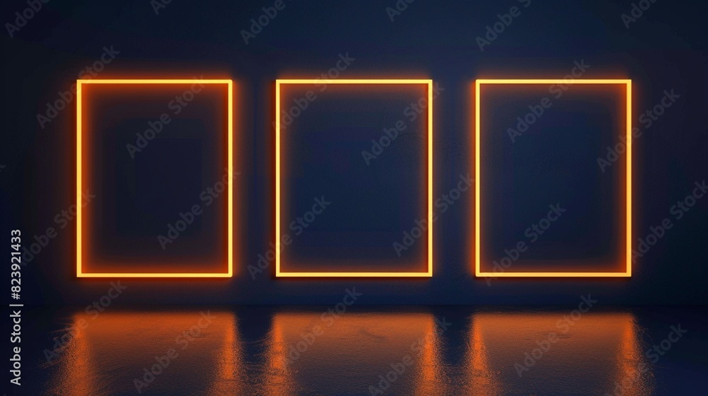 Three orange neon glowing blank picture frames on dark navy background ...