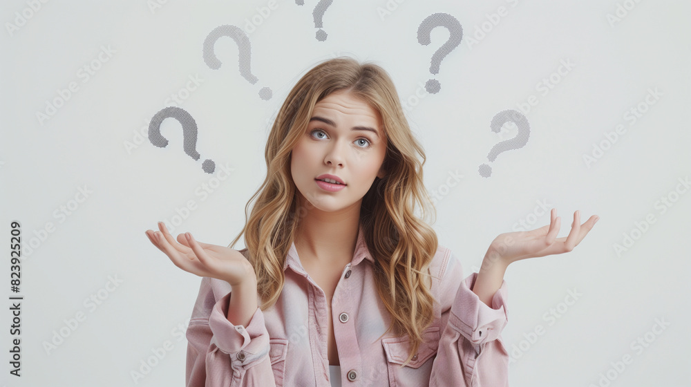 Portrait of a cute young woman looking confused, with illustrated ...