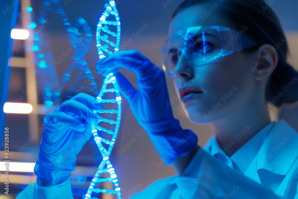Professional scientist examining a dna model, illustrating cutting-edge ...