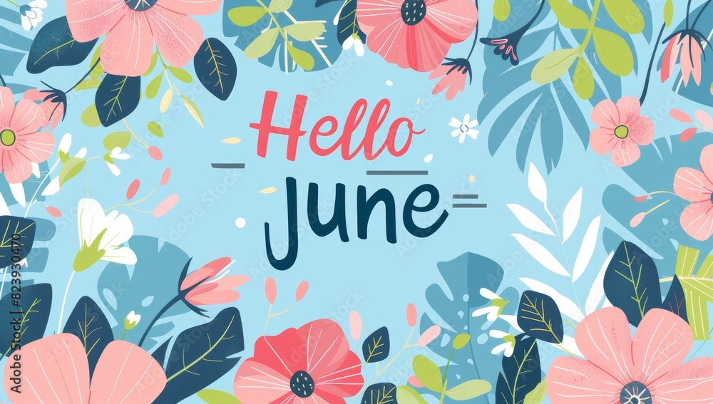 "Hello June" with a pastel blue background, surrounded by cute cartoon ...