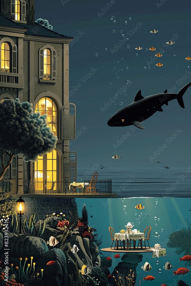 A shark swims over a sunken building. The shark is above the waterline ...