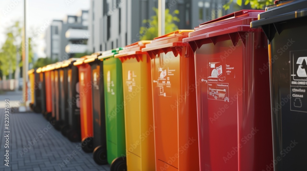 A row of colorful, labeled recycling bins lined up on a city sidewalk ...