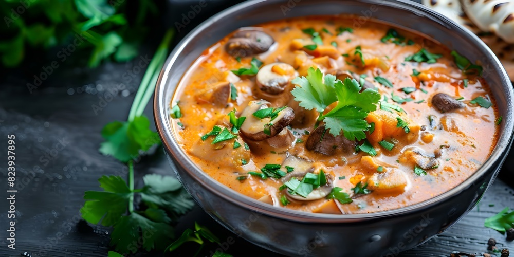Overhead shot of a vegan Indian masala mushroom soup in a ceramic bowl ...