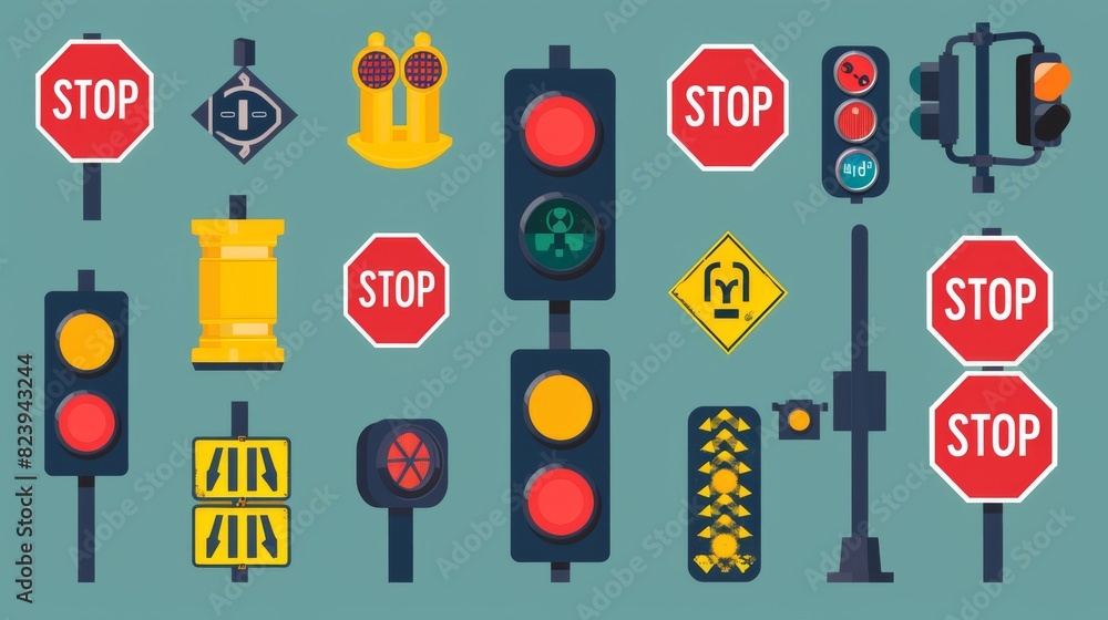 A vibrant illustration showcasing a variety of traffic control devices ...